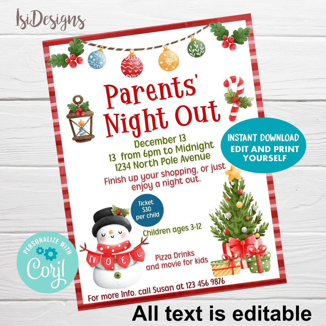 Christmas Parents Night Out Editable Flyer, Date Night Fundraiser Event ...