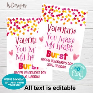 Valentine You Make My Heart Burst Gift Tag, Valentine's Day Candy ...