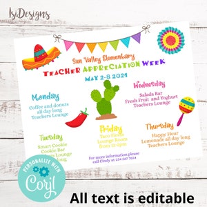 EDITABLE Teacher Appreciation Week Itinerary, Mexican Themed ...
