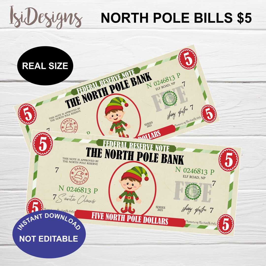 Christmas Elf Toy Money, North Pole Five Bill, Instant Download ...