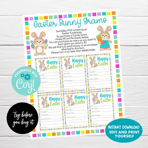 Editable Easter Bunny Candy Gram Flyer, PTO / PTA School Fundraiser ...