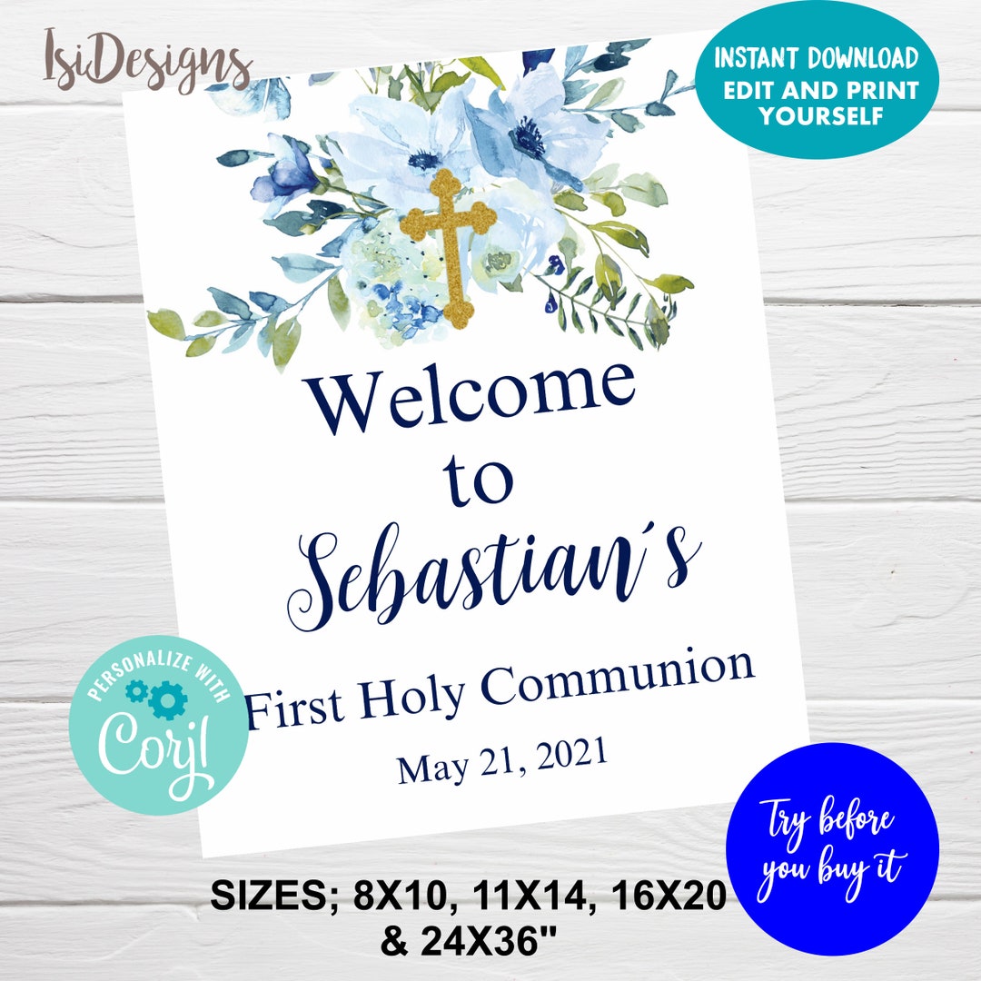 First First Communion Welcome Sign, Blue Floral Editable Sign, First ...