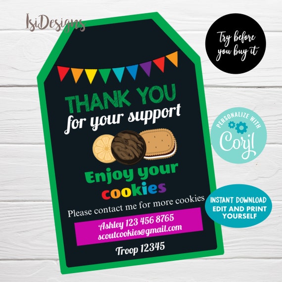Girl Scout Thank You Tag, Instant Download, Cookie Sale Editable Thank ...