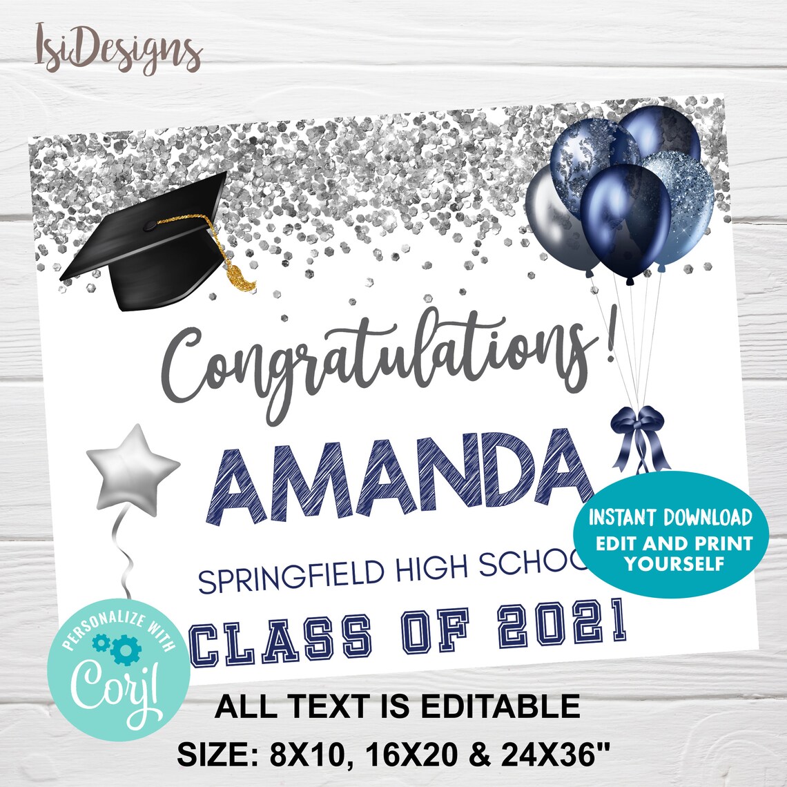 Graduation Sign Instant Download Navy and Silver Graduation - Etsy