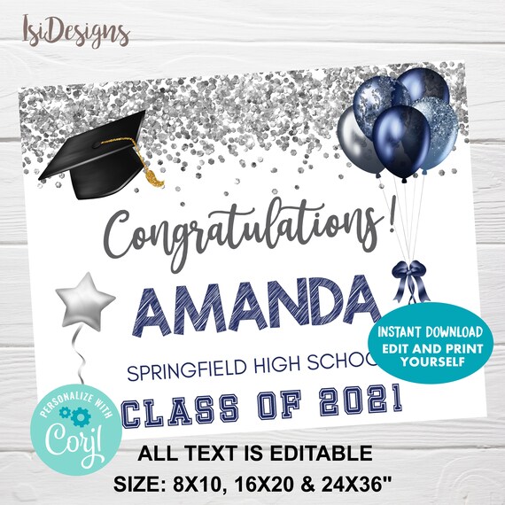 Graduation Sign Instant Download Navy and Silver Graduation | Etsy