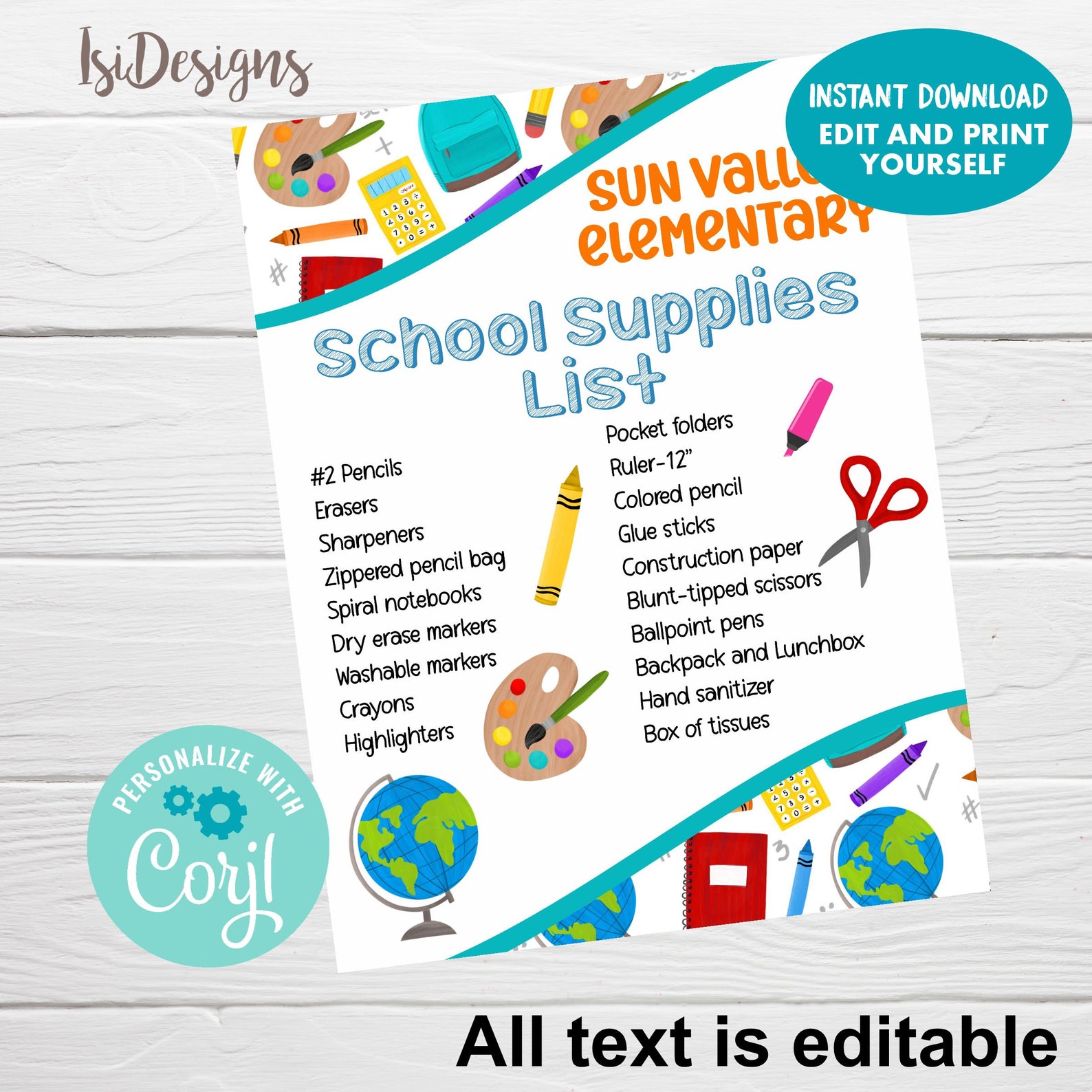 Elementary School Supplies Checklist, Editable Back to School Planner ...