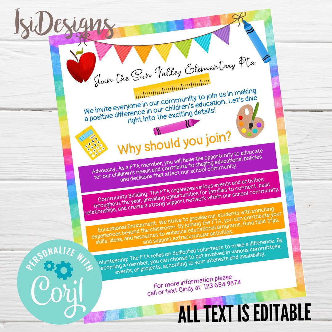 PTO/PTA Recruitment Flyer, Editable School Volunteer Handout, Why Join ...