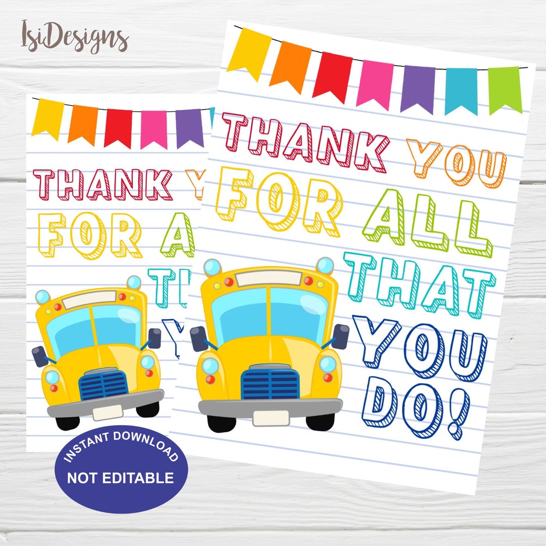 Bus Driver Thank You Gift Tag, Printable Thank You School Bus Driver ...