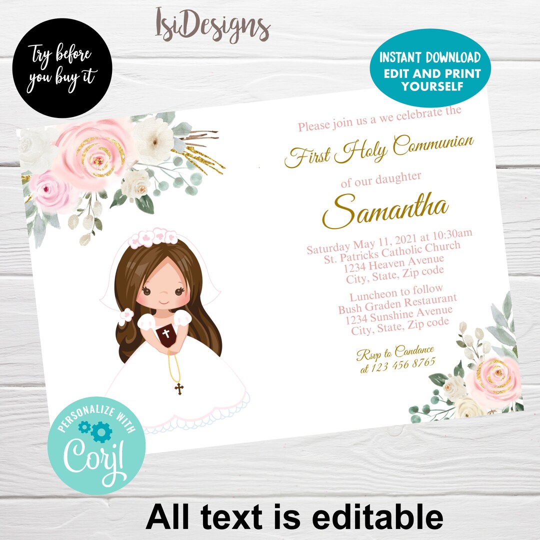 First Holy Communion Editable Invitation, Instant Download, Girl ...