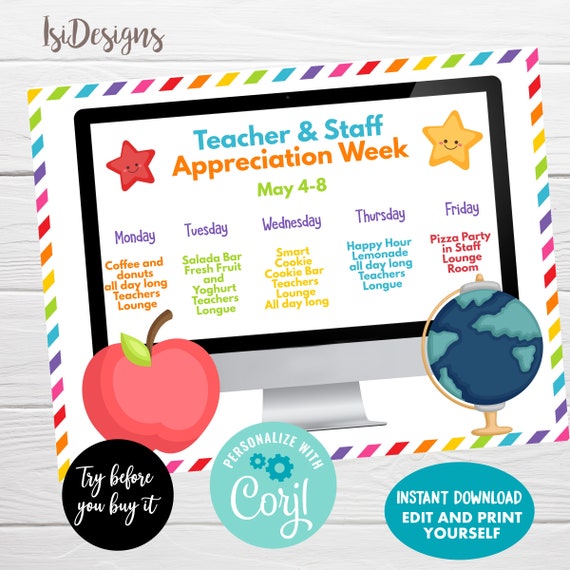 Virtual Appreciation Week, Editable Template, Instant Download, Teacher ...