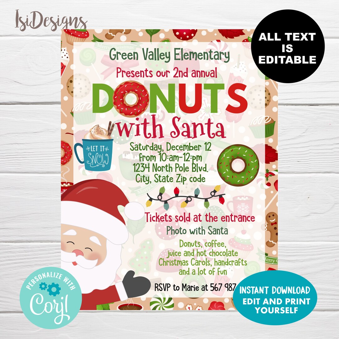 EDITABLE Donuts With Santa Flyer, Kids Christmas Party Invitation ...