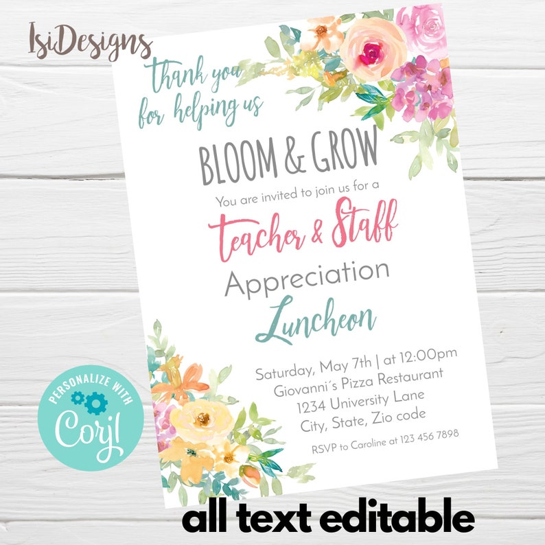 Floral Appreciation Luncheon Invitation Editable PTA / PTO - Etsy