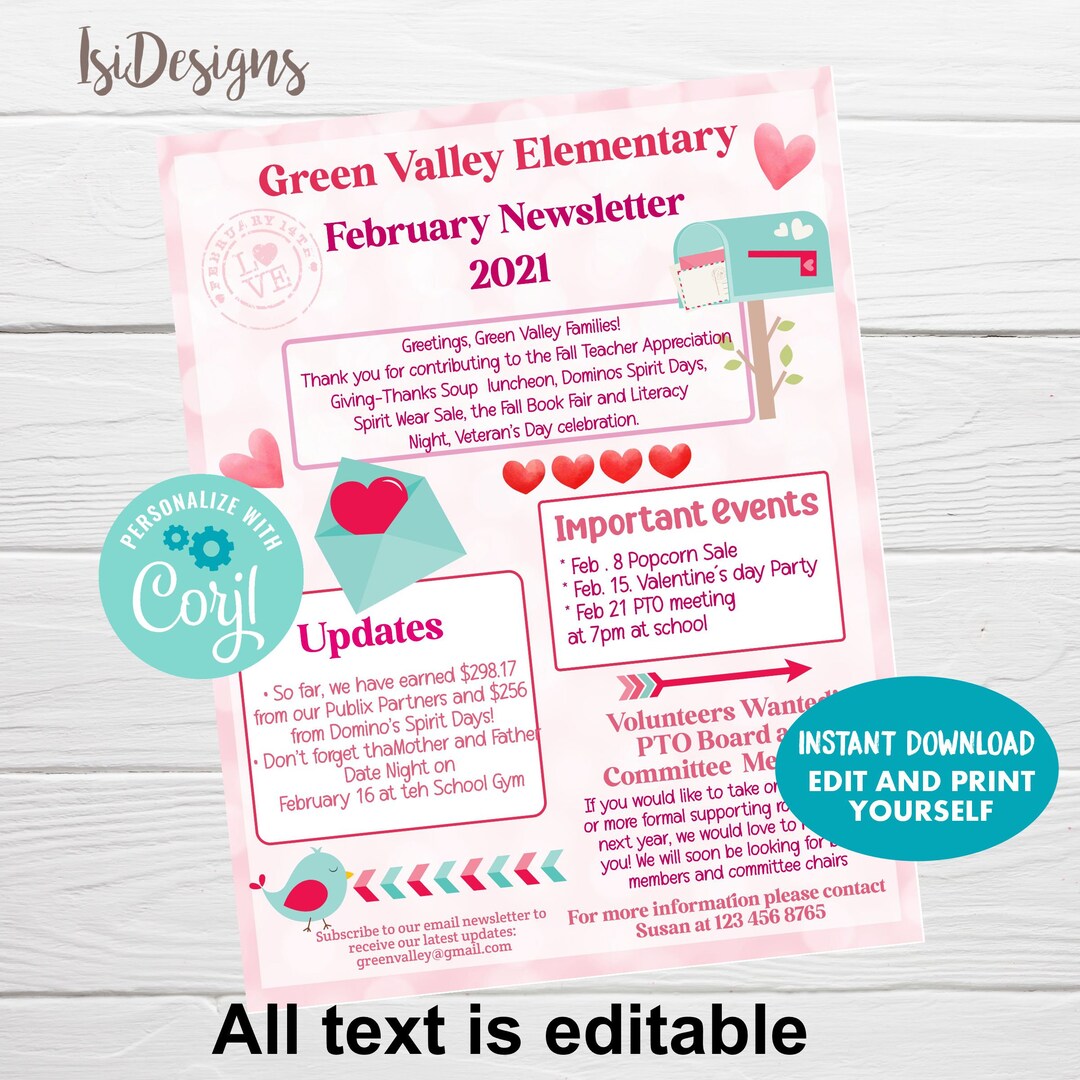 February PTO Editable Newsletter, Valentine's Day Upcoming Events ...