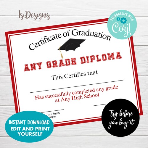 Editable Certificate of Graduation Instant Download Any - Etsy