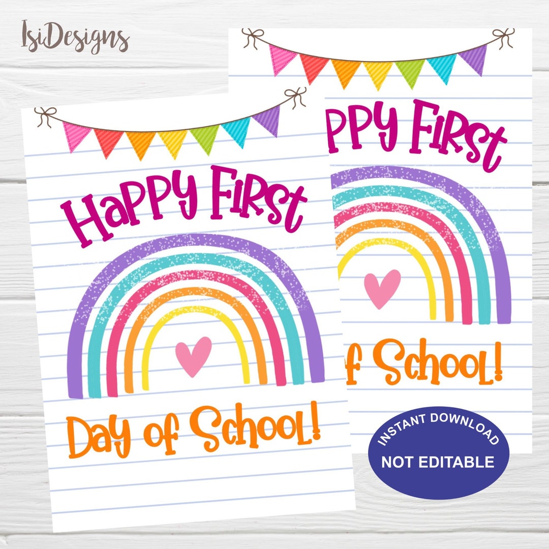 Printable First Day of School Gift Tag, School Boho Rainbow Tag, Happy ...