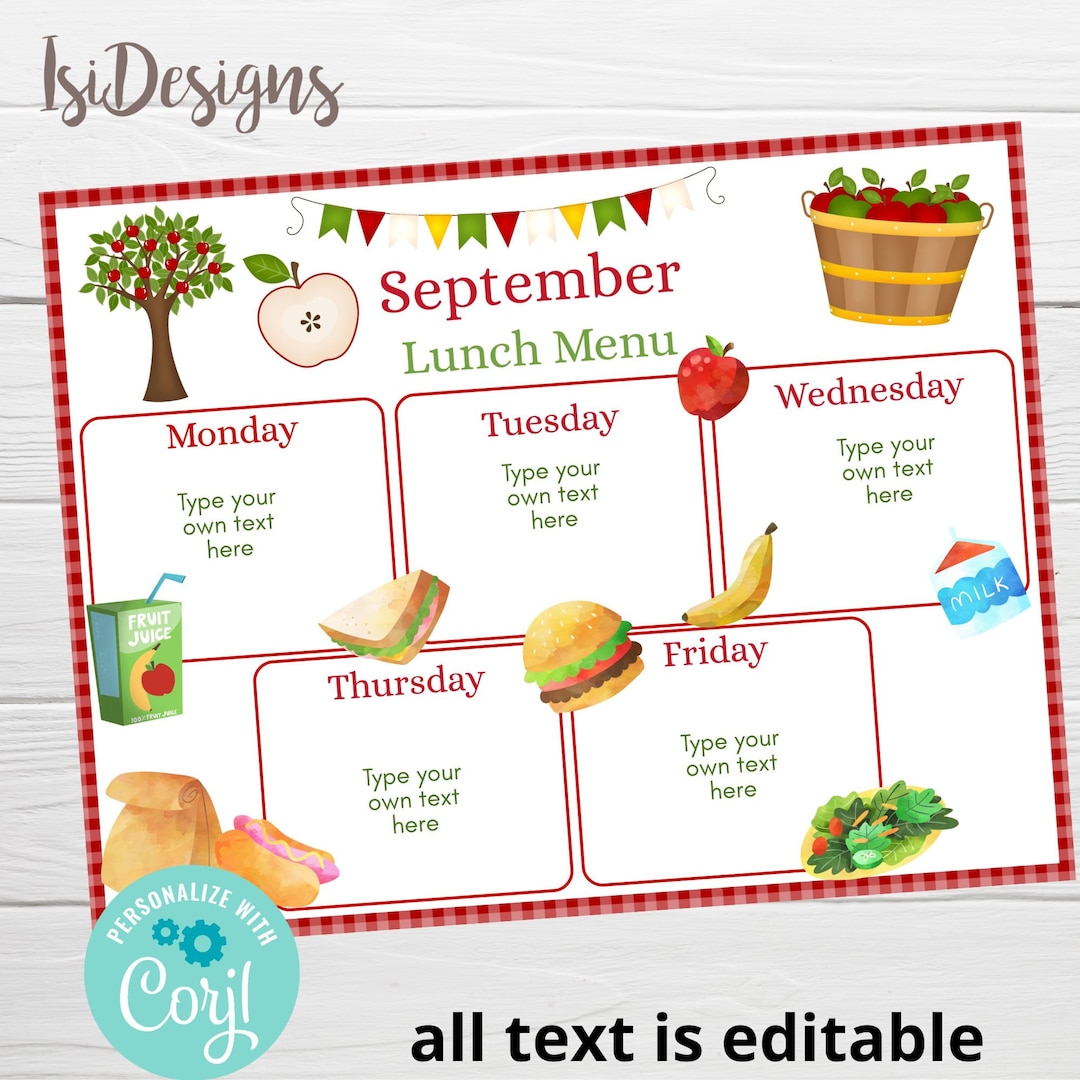 September Weekly School Lunch Meal Planner, Editable Lunch Menu for ...