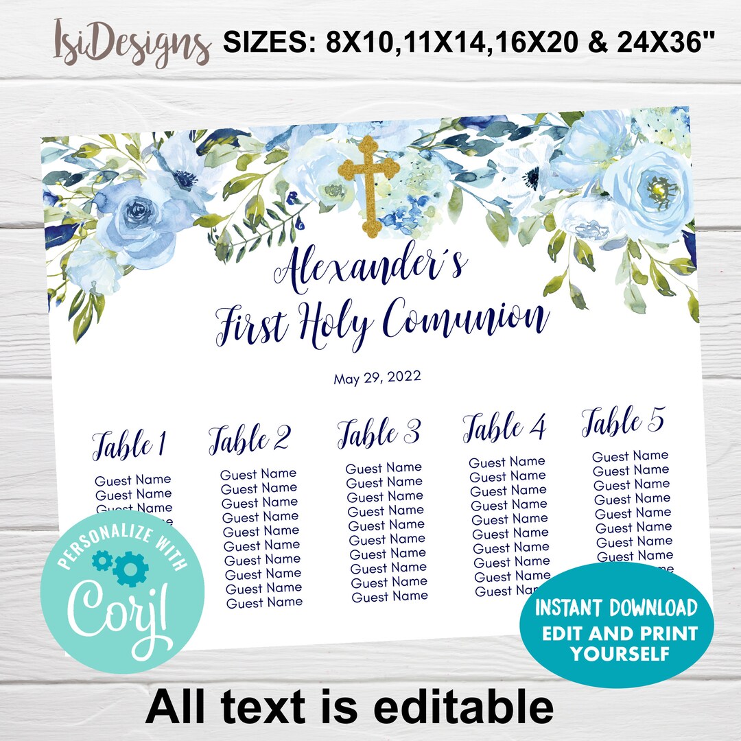 Holy Communion Seating Chart, Instant Download, Editable Blue Floral ...