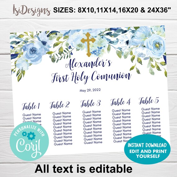 Holy Communion Seating Chart, Instant Download, Editable Blue Floral ...