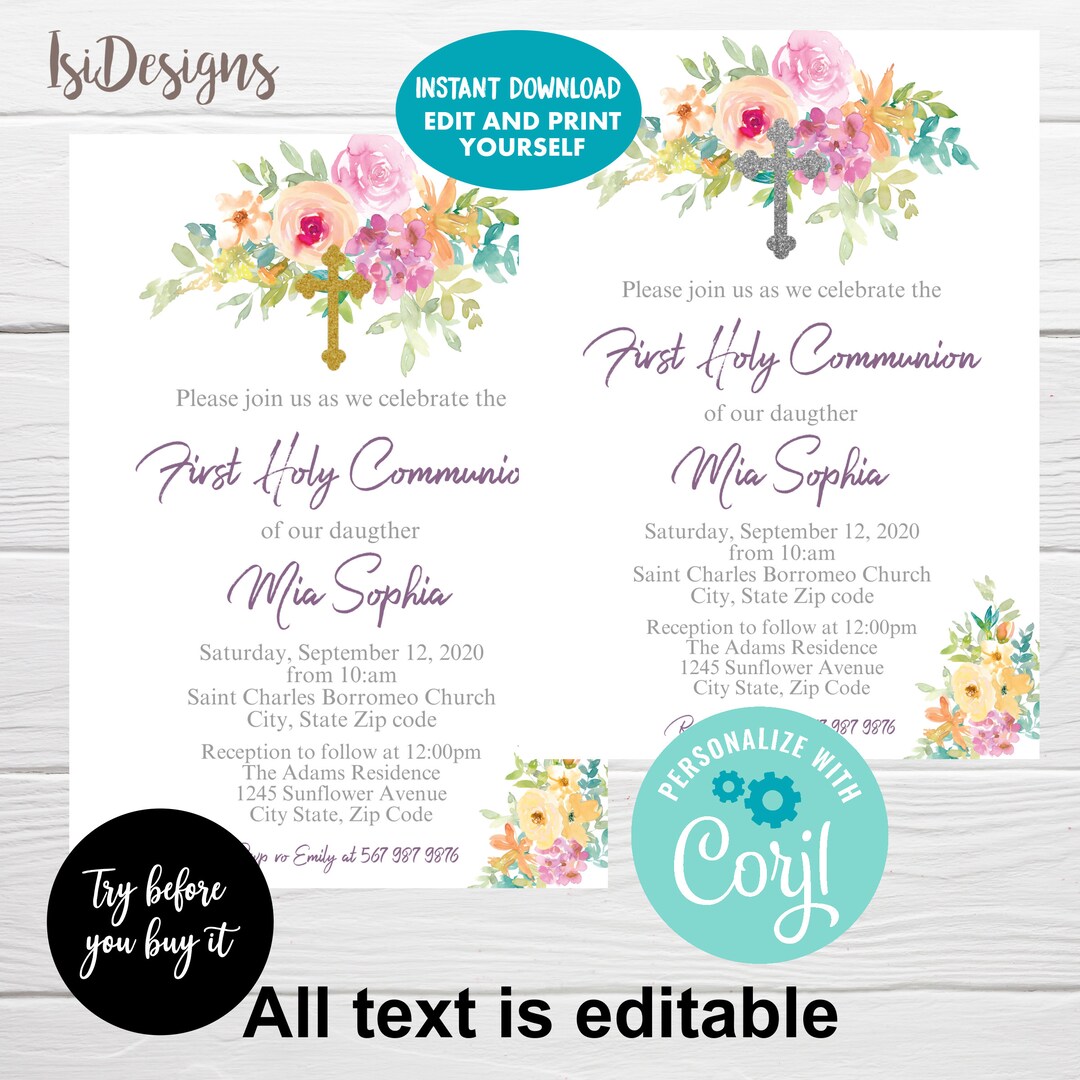 First Holy Communion Invitation, Editable Spring Floral Communion ...