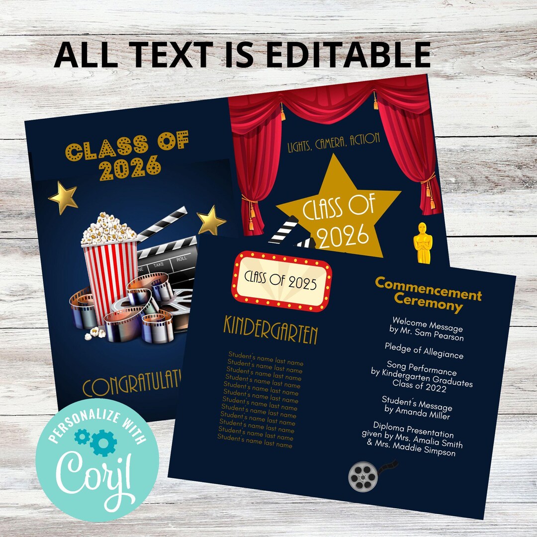 Editable Hollywood Graduation Program Template Movie Theme Ceremony ...