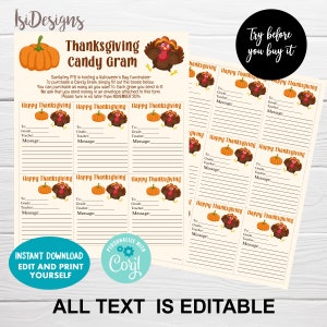 Editable Thanksgiving Turkey Candy Grams, Instant Download, PTA PTO ...