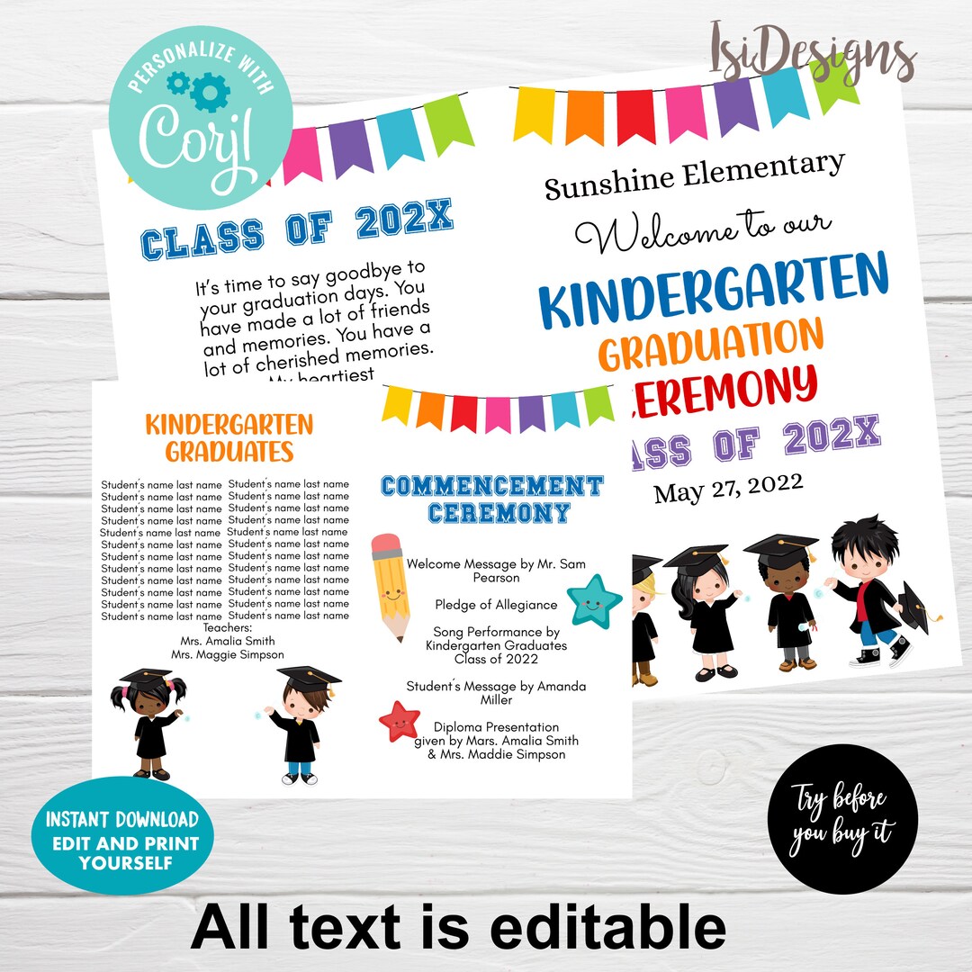 Editable Kindergarten Graduation Ceremony Program, Preschool Graduation ...