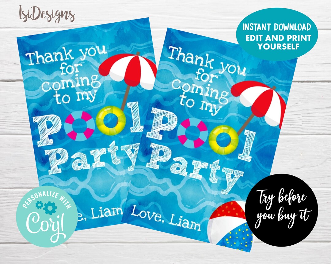 Pool Party Favor Tags, Instant Download, Editable Birthday Favor Tags ...
