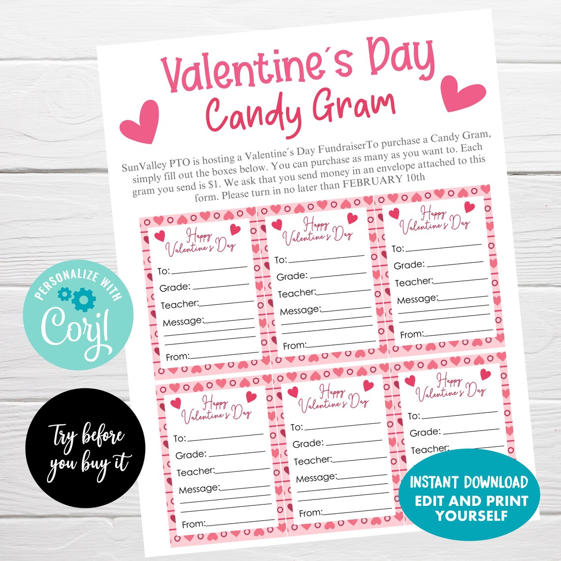 Editable Valentine's Day Candy Gram Flyer PTO / PTA | Etsy