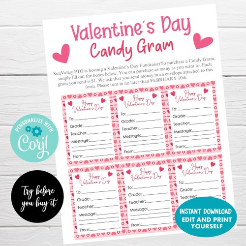 EDITABLE Valentine's Day Candy Gram Flyer Valentine - Etsy