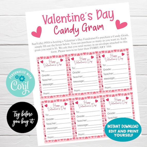 Editable Valentine's Day Candy Gram Flyer, PTO / PTA School Fundraiser ...