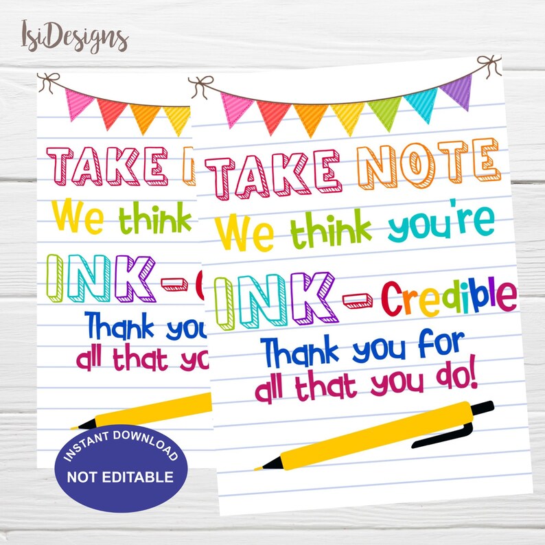 Pen Thank You Gift Tag, Printable Appreciation Gift, Take Note You Are ...