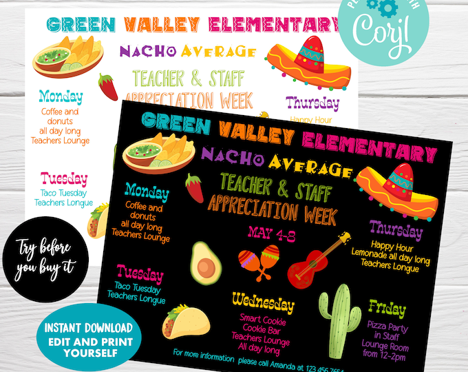 Editable Nacho Average Teacher Appreciation Week Schedule, Taco Nachos ...