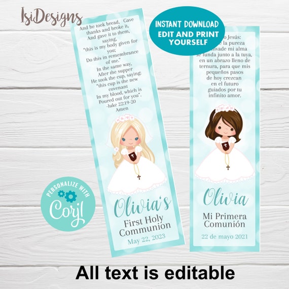 First Communion Bookmark, Editable Bookmark Confirmation 1st Communion ...