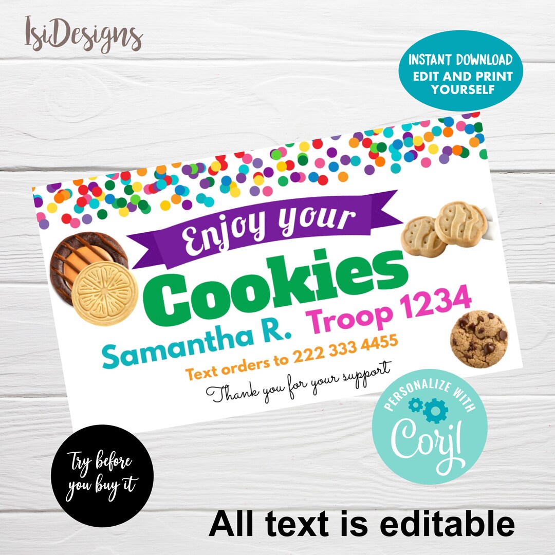 Girl Scout Cookie Seller Business Card, Instant Download, Editable Bake ...