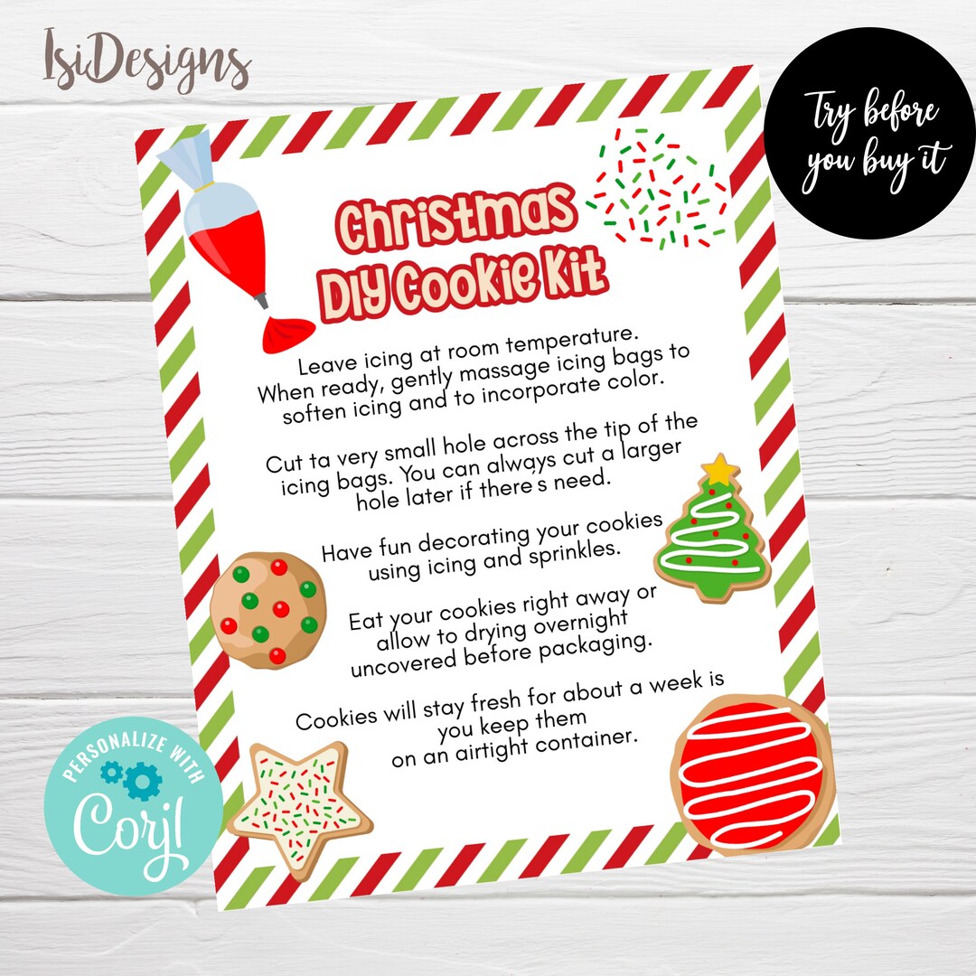 Christmas DIY Cookie Kit Editable Instructions Card, Kids Cookie DIY ...