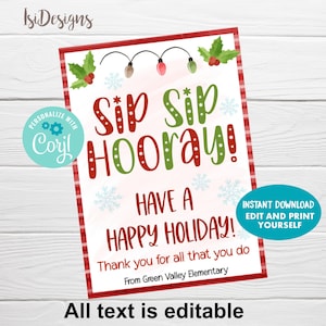 Sip Sip Hooray Happy Holiday Gift Tag, Instant Download, Christmas ...
