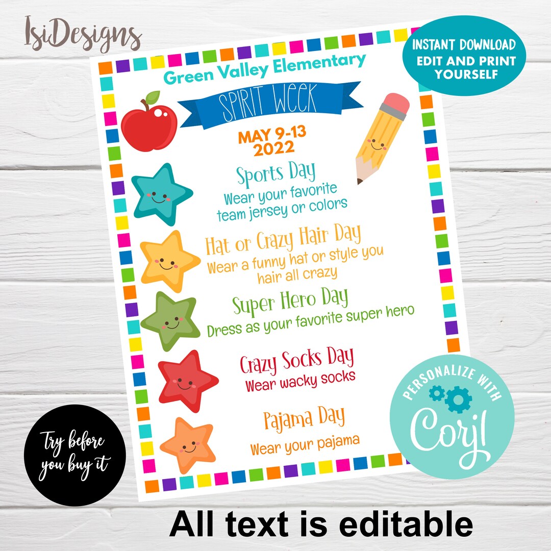 School Spirit Week Editable Itinerary Schedule Flyer, Instant Download ...