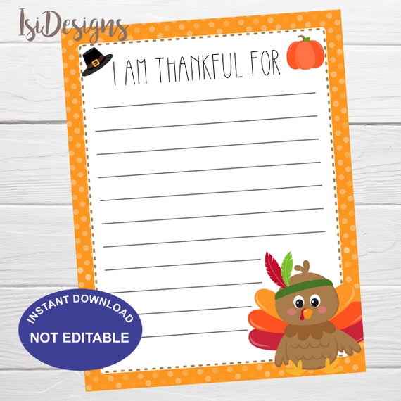 I am Thankful for Thanksgiving Card INSTANT DOWNLOAD Printable Give ...