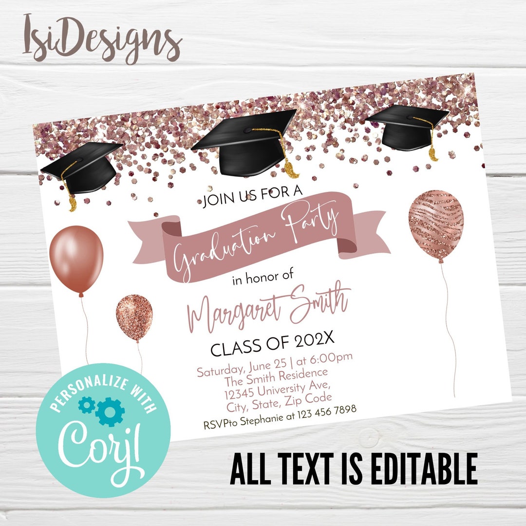 Rose Gold Graduation Party Invitation, Editable High School Graduation ...
