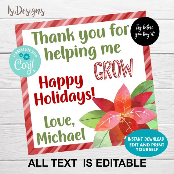 Poinsettia Christmas Gifts Tags, Thank you for helping me grow, Teacher ...