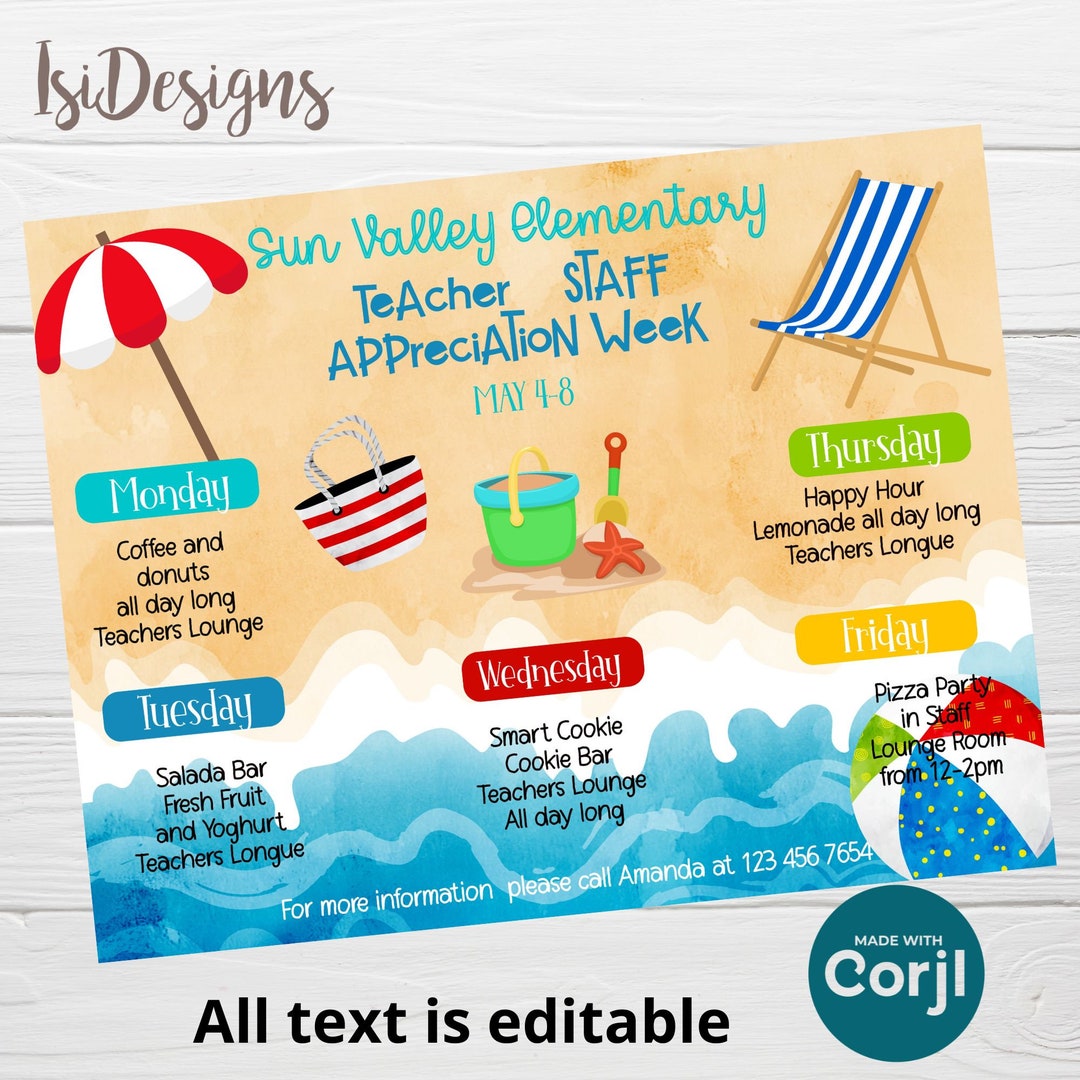 Beach Teacher Appreciation Week Calendar, Appreciation Sun-sational ...