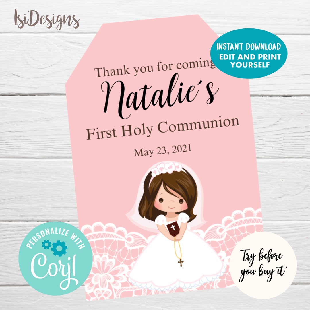 First Communion Gift Tags, Pink and Lace Communion Editable Favor Hang ...