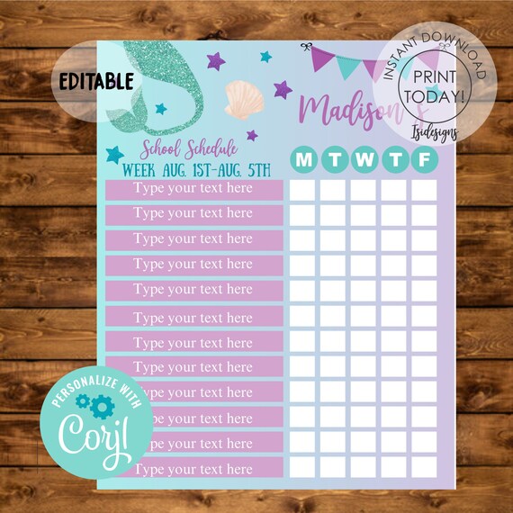 Homeschool Mermaid Editable Schedule, Daily Routine Printable Chart ...