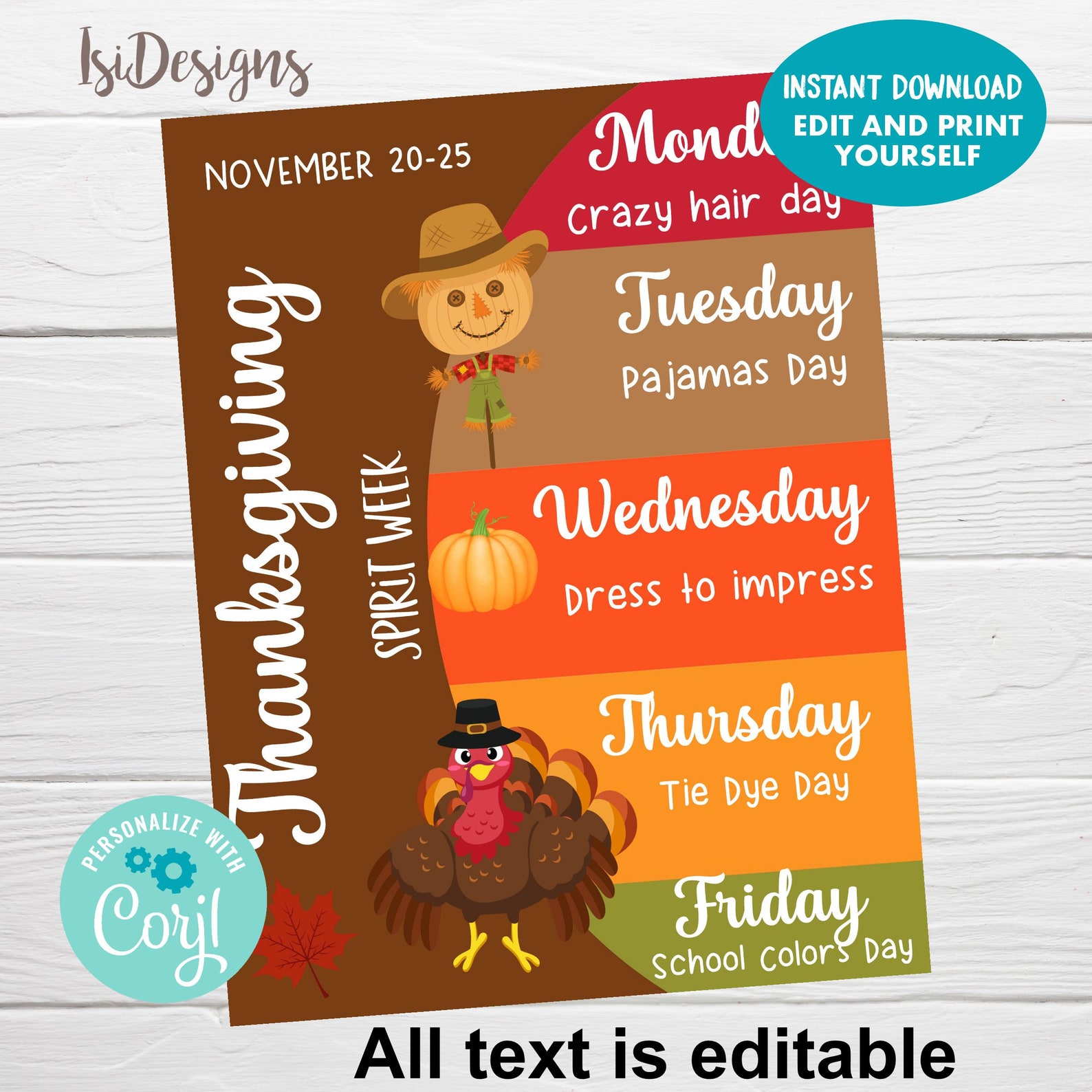 Thanksgiving Spirit Week Editable Template Fall Itinerary Schedule ...