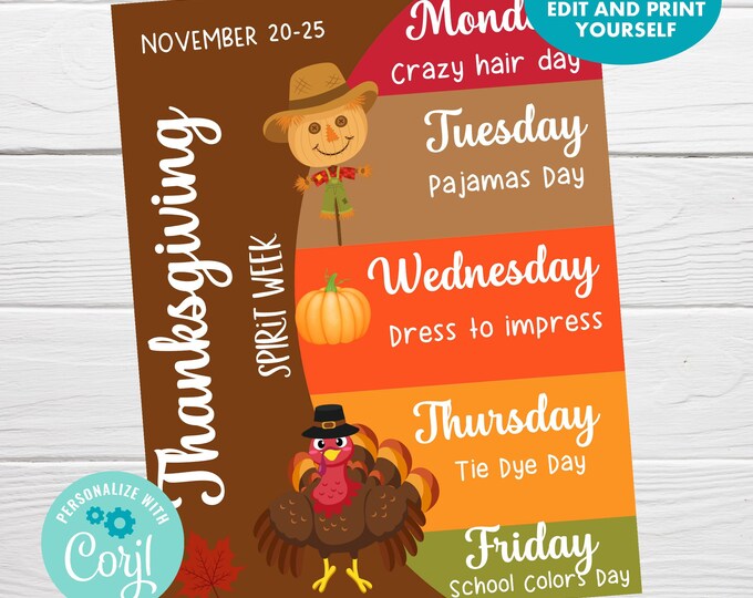 Editable Thanksgiving Spirit Week Flyer Canva Template Fall School ...