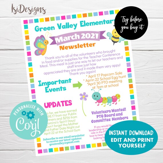 Editable PTO March Newsletter PTO PTA Spring Flyer Instant - Etsy