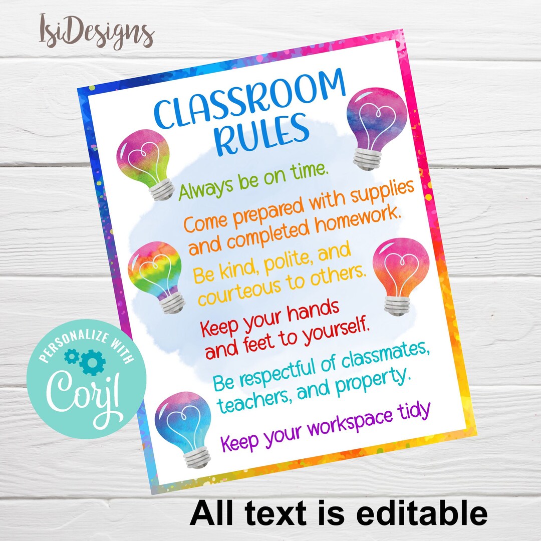 Classroom Rules Editable Sign, Instant Download, Back to School ...