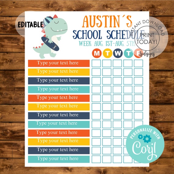 Dinosaur School Schedule, Editable Daily Weekly Home Routine Checklist ...