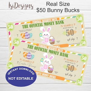 Printable Easter Bunny Bucks, Instant Download, 50 Easter Bunny Playing ...