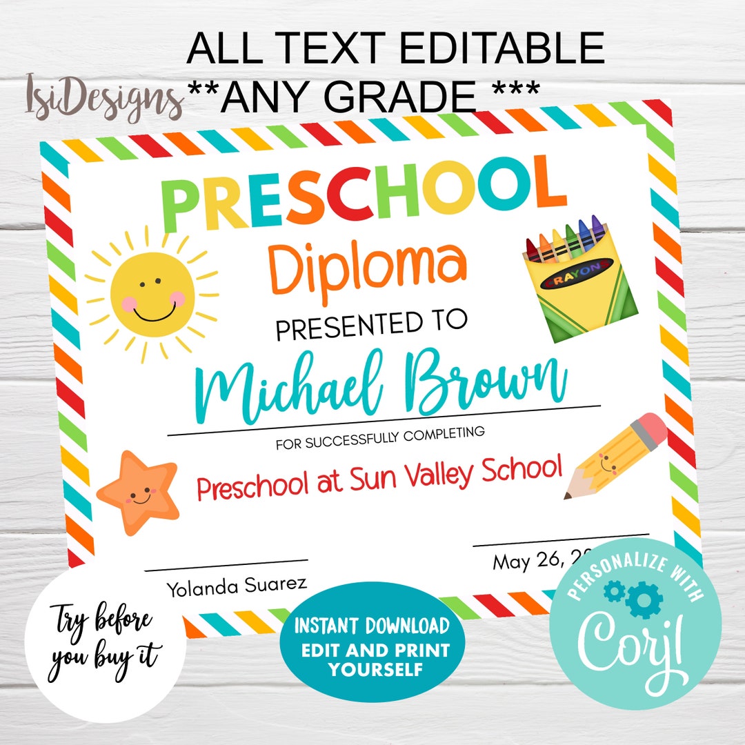 Editable School Diploma, Preschool Graduation, Kindergarten Certificate ...